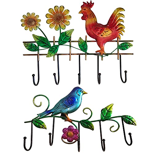 JFRISING Rooster & Bird Wall Hooks Hanging Plaque Sculpture, Sturdy Indoor Outdoor Metal Wall Art Decor with Life-Like Flower for Coat Keys Apron Towel Hook, Easy to Install 2 Pack