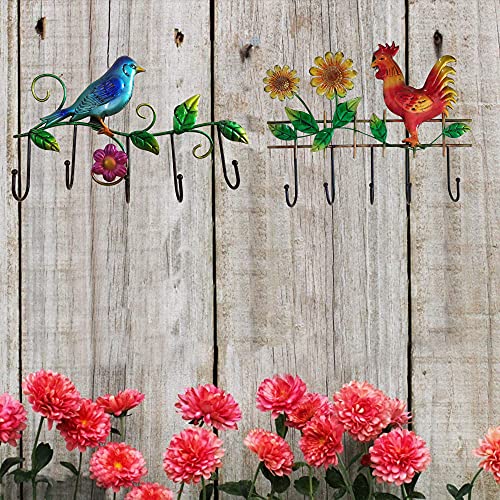 JFRISING Rooster & Bird Wall Hooks Hanging Plaque Sculpture, Sturdy Indoor Outdoor Metal Wall Art Decor with Life-Like Flower for Coat Keys Apron Towel Hook, Easy to Install 2 Pack