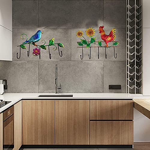 JFRISING Rooster & Bird Wall Hooks Hanging Plaque Sculpture, Sturdy Indoor Outdoor Metal Wall Art Decor with Life-Like Flower for Coat Keys Apron Towel Hook, Easy to Install 2 Pack