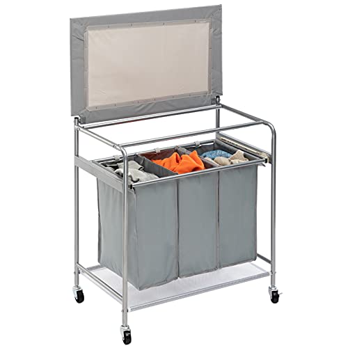 PARANTA Laundry Sorter Cart with Ironing Board Side pull 3-Bag Heavy-Duty 4 Wheels Laundry Hamper Light Grey