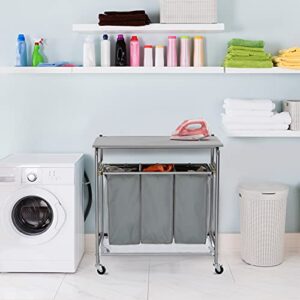 PARANTA Laundry Sorter Cart with Ironing Board Side pull 3-Bag Heavy-Duty 4 Wheels Laundry Hamper Light Grey