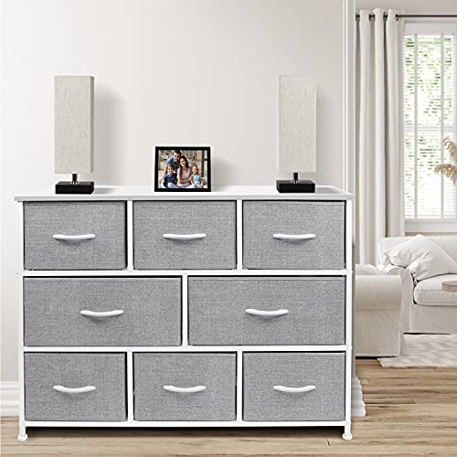 Sorbus Dresser with 8 Drawers - Furniture Storage Chest for Kids Clothing Organization, Bedroom, Hallway, Closet, Office - Steel Iron Frame, Rustic Farmhouse Wood Top, Fabric Bins (White)