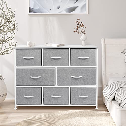 Sorbus Dresser with 8 Drawers - Furniture Storage Chest for Kids Clothing Organization, Bedroom, Hallway, Closet, Office - Steel Iron Frame, Rustic Farmhouse Wood Top, Fabric Bins (White)