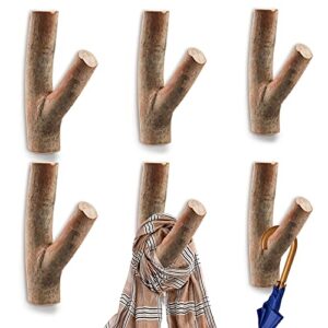 deayou 6 pack wood wall hooks, tree branch real wooden hooks for hanging, adhesive farmhouse rustic hat coat hooks wall stickers for towels, bags, scarves, keys, decoration (width 0.8"-1.2")