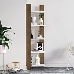 corner bookshelf 5 tier wooden bookcase storage shelves modern living room decor display rack for home office bedroom bathroom, 63 inch, reeta, walnut&white