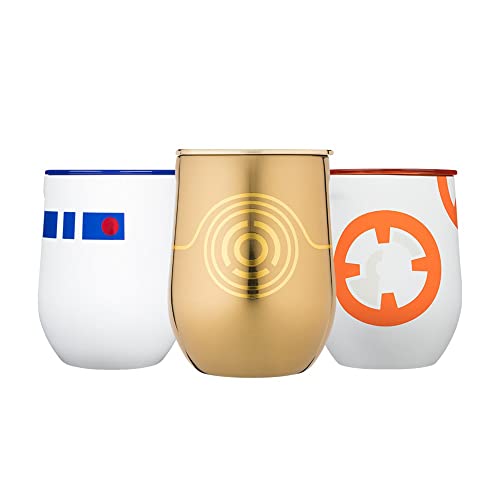 Corkcicle Star Wars Droids Stainless Steel Stemless Wine Cups with Lid, Keeps Beverages Chilled for 9 Hours, 12 oz, Pack of 3