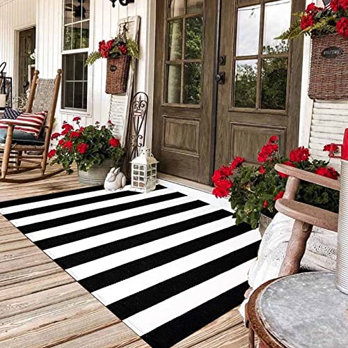 Black and White Striped Rug Outdoor Reversible Mat 35.4'' x 59'' Front Door Mat Hand-Woven Cotton Indoor/Outdoor for Layered Door Mats,Welcome Door Mat, Front Porch,Farmhouse,Kitchen,Entry Way