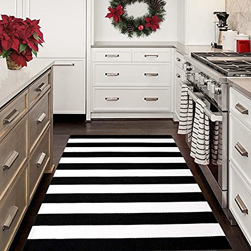 Black and White Striped Rug Outdoor Reversible Mat 35.4'' x 59'' Front Door Mat Hand-Woven Cotton Indoor/Outdoor for Layered Door Mats,Welcome Door Mat, Front Porch,Farmhouse,Kitchen,Entry Way