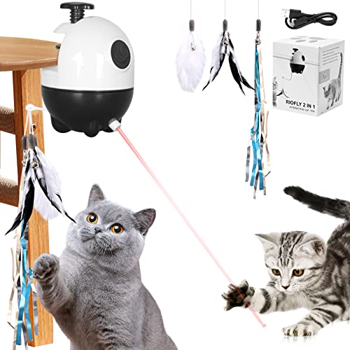 RIOFLY Cat Toys Interactive - 2 in 1 Laser and Cat Feather Toys Kitten Toys, Automatic Cat Toys for Indoor Cats Play Chase Exercise, with 2 Pcs Feather and Streamer Tape Replacements