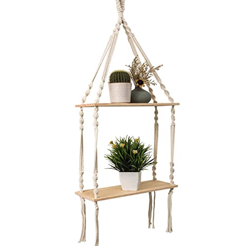 Easever Hanging Shelves for Wall, 2-Tier Macrame Shelf Wooden Floating Shelf Plant Hanger, Wall Hanging Boho Shelf Room Decor for Window, Bathroom, Bedroom, Apartment, Living Room