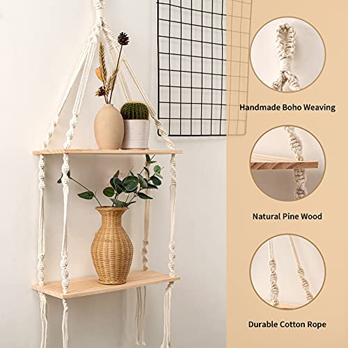 Easever Hanging Shelves for Wall, 2-Tier Macrame Shelf Wooden Floating Shelf Plant Hanger, Wall Hanging Boho Shelf Room Decor for Window, Bathroom, Bedroom, Apartment, Living Room