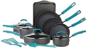 rachael ray classic brights hard anodized nonstick cookware pots and pans set, 15 piece - agave blue