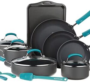 Rachael Ray Classic Brights Hard Anodized Nonstick Cookware Pots and Pans Set, 15 Piece - Agave Blue