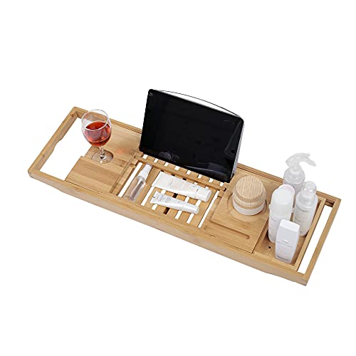 Bozhu Bathtub Tray, Adjustable Bathtub Tray, Expandable Bathtub Caddie, Table, Wine Glass Bracket and Towel Rack, Bamboo(Bozhu01)