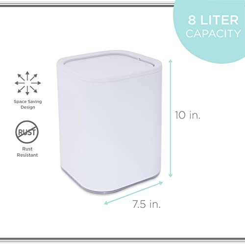 Bath Bliss 8 Liter Acrylic Wastebasket | Weighted Swing Top Lid | Small Trash Can | Waste Bin | Garbage Container | Contemporary Design | Bathroom | Bedroom | Office | Dorm | White