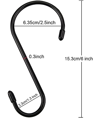 12 Pack 6 Inch S Hook, Large Vinyl Coated S Hooks with Rubber Stopper Non Slip Heavy Duty S Hook, Steel Metal Black Rubber Coated Closet S Hooks for Hanging Jeans Plants Jewelry Pot Pan Cups Towels