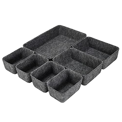 KWLET Desk Drawer Organizer Tray Dividers Set Kitchen Bathroom Office Drawer Organizers Separators Shallow Felt Storage Bins Container for Makeup Juck Jewelry Utensils Tools Dresser, Grey, 7 Pack