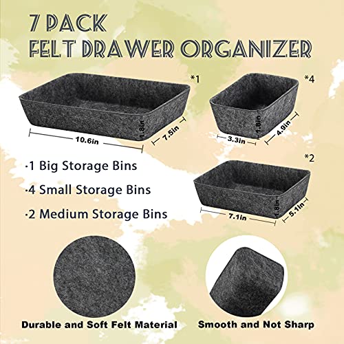 KWLET Desk Drawer Organizer Tray Dividers Set Kitchen Bathroom Office Drawer Organizers Separators Shallow Felt Storage Bins Container for Makeup Juck Jewelry Utensils Tools Dresser, Grey, 7 Pack