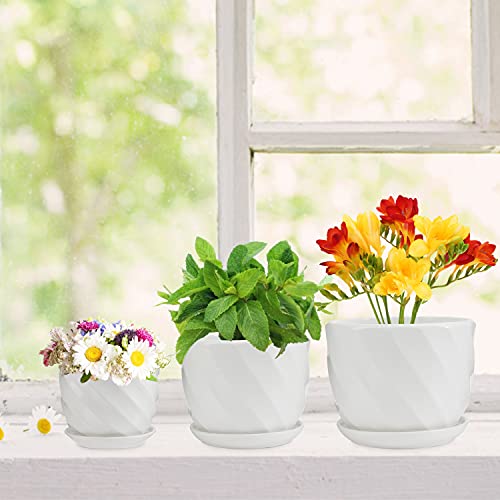 Laerjin Plant Pots, 4.05" & 5.51" & 6.77" Flower Pot, Ceramic Garden Plant Pots with Connected Saucer for Garden, Set of 3 in Different Sizes