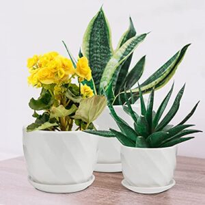 Laerjin Plant Pots, 4.05" & 5.51" & 6.77" Flower Pot, Ceramic Garden Plant Pots with Connected Saucer for Garden, Set of 3 in Different Sizes