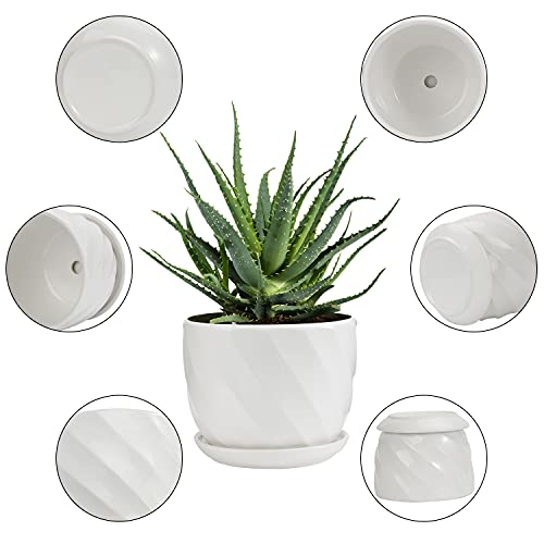 Laerjin Plant Pots, 4.05" & 5.51" & 6.77" Flower Pot, Ceramic Garden Plant Pots with Connected Saucer for Garden, Set of 3 in Different Sizes