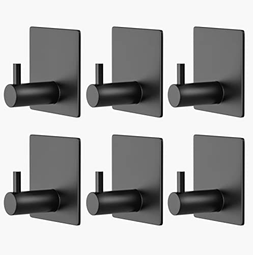 VAEHOLD Black Adhesive Hooks 6 Pack, Heavy Duty Wall Hooks Aluminum Hooks for Hanging Coat, Hat, Towel, Robe, Key, Clothes, Towel Hook Wall Mount for Home, Office, Kitchen, Bathroom(6, Black)