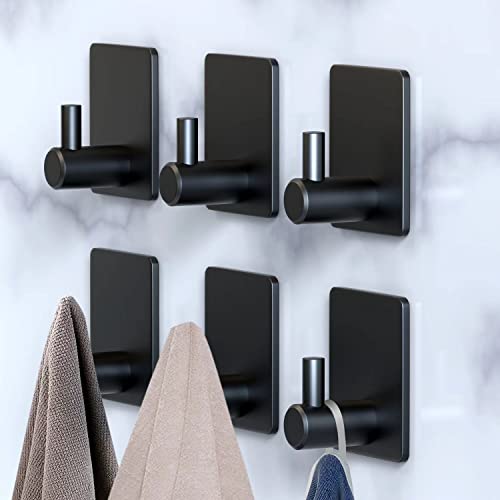 VAEHOLD Black Adhesive Hooks 6 Pack, Heavy Duty Wall Hooks Aluminum Hooks for Hanging Coat, Hat, Towel, Robe, Key, Clothes, Towel Hook Wall Mount for Home, Office, Kitchen, Bathroom(6, Black)