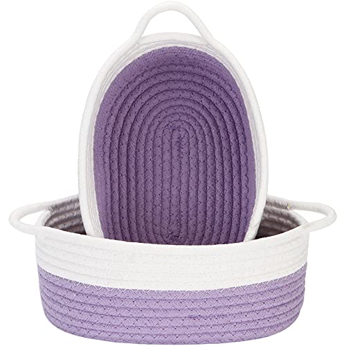 Sea Team 2-Pack Cotton Rope Baskets, 10 x 7 x 4 Inches Small Woven Storage Basket, Fabric Tray, Bowl, Oval Open Dish for Fruits, Jewelry, Keys, Sewing Kits (Lavender & White)