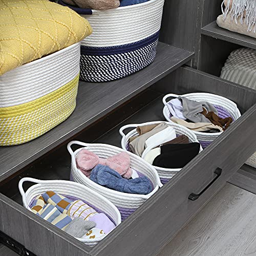 Sea Team 2-Pack Cotton Rope Baskets, 10 x 7 x 4 Inches Small Woven Storage Basket, Fabric Tray, Bowl, Oval Open Dish for Fruits, Jewelry, Keys, Sewing Kits (Lavender & White)