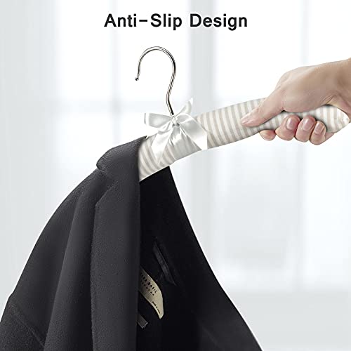 Padded Hangers for Women Clothing Men Sweaters, GLCON 17 Inches Satin Coat Hangers No Bump Fabric Foam Wood Cover, Anti-Slip Thick Clothes Hanger for Adult Wedding Dress Pants (Stripe, 8 Pack)