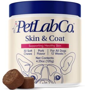 petlab co. skin & coat chew - optimize scalp and fur condition with a tasty dog chew, packed with beneficial fatty acids, vitamins and apple cider vinegar to deliver comfort and support a healthy coat