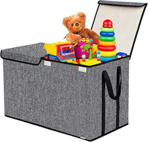 yoloxo large kids toy box chest storage organizer with double flip-top lid - collapsible sturdy toy organizers and storage bins with big handles for nursery, playroom, 26.8"x13.8"x16"(grey)