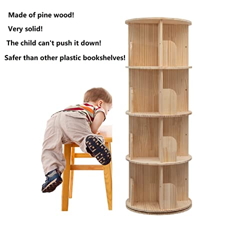 Rotating Bookshelf 360 Display 4 Tier Floor Standing Bookcase Storage Rack for Kids&Adults Solid Wood Bookshelf Organizer