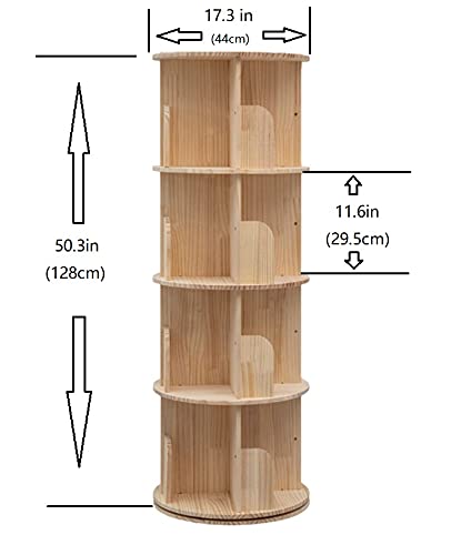 Rotating Bookshelf 360 Display 4 Tier Floor Standing Bookcase Storage Rack for Kids&Adults Solid Wood Bookshelf Organizer