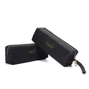 2 pack pen pencil case with zipper, heavy duty waxed canvas pencil pouch student stationery bag (black)