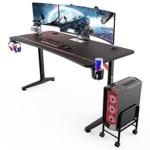 EUREKA ERGONOMIC 60 Inch Curved Gaming Desk with Height Adjustable Tower Cart