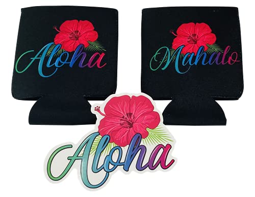 Aloha Hawaii Hibiscus & Mahalo Beer Can Coolers Sleeves (2-Pack) & 1 Aloha Decal - Soft Insulated Beer Can Cooler Sleeves - 5mm Neoprene Collapsible Black Can Sleeves for Soda, Beer & Water Bottles