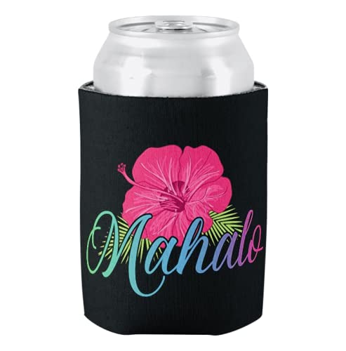 Aloha Hawaii Hibiscus & Mahalo Beer Can Coolers Sleeves (2-Pack) & 1 Aloha Decal - Soft Insulated Beer Can Cooler Sleeves - 5mm Neoprene Collapsible Black Can Sleeves for Soda, Beer & Water Bottles