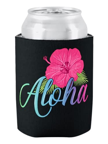 Aloha Hawaii Hibiscus & Mahalo Beer Can Coolers Sleeves (2-Pack) & 1 Aloha Decal - Soft Insulated Beer Can Cooler Sleeves - 5mm Neoprene Collapsible Black Can Sleeves for Soda, Beer & Water Bottles