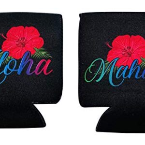 Aloha Hawaii Hibiscus & Mahalo Beer Can Coolers Sleeves (2-Pack) & 1 Aloha Decal - Soft Insulated Beer Can Cooler Sleeves - 5mm Neoprene Collapsible Black Can Sleeves for Soda, Beer & Water Bottles