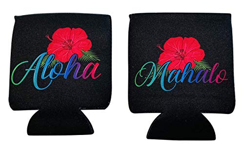 Aloha Hawaii Hibiscus & Mahalo Beer Can Coolers Sleeves (2-Pack) & 1 Aloha Decal - Soft Insulated Beer Can Cooler Sleeves - 5mm Neoprene Collapsible Black Can Sleeves for Soda, Beer & Water Bottles