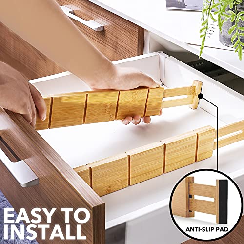 SpaceAid Bamboo Drawer Dividers with Inserts and Labels, Kitchen Adjustable Drawer Organizers, Expandable Organization for Home, Office, Dressers and Bathroom, 6 Dividers with 12 Inserts (17-22 in)