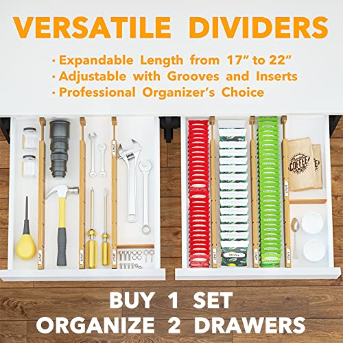 SpaceAid Bamboo Drawer Dividers with Inserts and Labels, Kitchen Adjustable Drawer Organizers, Expandable Organization for Home, Office, Dressers and Bathroom, 6 Dividers with 12 Inserts (17-22 in)