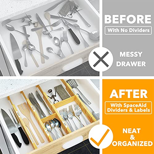 SpaceAid Bamboo Drawer Dividers with Inserts and Labels, Kitchen Adjustable Drawer Organizers, Expandable Organization for Home, Office, Dressers and Bathroom, 6 Dividers with 12 Inserts (17-22 in)