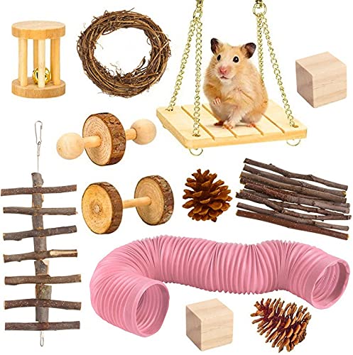 LALFPET Hamster Chew Toys,Pet Natural Wooden 12pcs Dumbbells Exercise Bell Roller Tunnel Tube ect.Teeth Care Molar Toy for Parrot Syrian Hamster Gerbil Rat Guinea Pig Gerbil ect.Small Animals