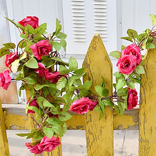 ONLY ART Fake Roses Flowers Vine Plants 2pcs Artificial Flower Hanging Rose Ivy for Mother's Day Wedding Home Hotel Office Party Garden Craft Art Décor (Hot Pink)