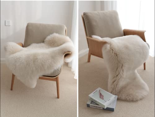 HUAHOO Premium Genuine Sheepskin Rug Linen Real Australia Sheepskin Natural Luxury Fluffy Lambskin Fur Area Rug Seat Covers for Kids Bedroom Sofa Chair Cover Pets Dogs Mat Double Pelt/2' x 3' Linen