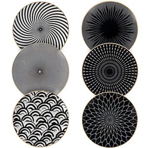 sanbege 6 pcs porcelain salad plates, 8" ceramic serving plates, mix match dishes for sandwich, pasta, steak, dessert (black and white)