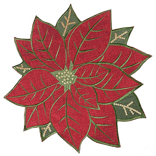 OWENIE Christmas Placemats Set of 4, Embroidered Red Poinsettia Table Mats with Sequins, 16 Inch Round Holiday Place Mats, Xmas Doilies Table Decorations