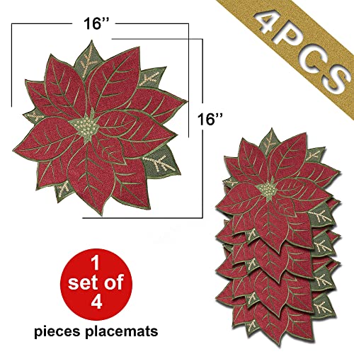 OWENIE Christmas Placemats Set of 4, Embroidered Red Poinsettia Table Mats with Sequins, 16 Inch Round Holiday Place Mats, Xmas Doilies Table Decorations